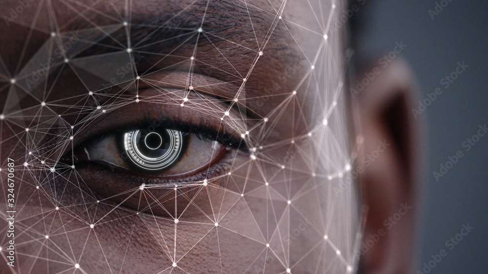 Human Half Face for Facial Recognition. African American Man Brown Eye ...
