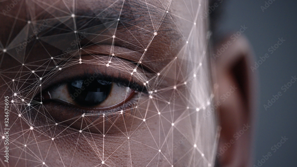 Human Half Face for Facial Recognition. African American Man Brown Eye ...