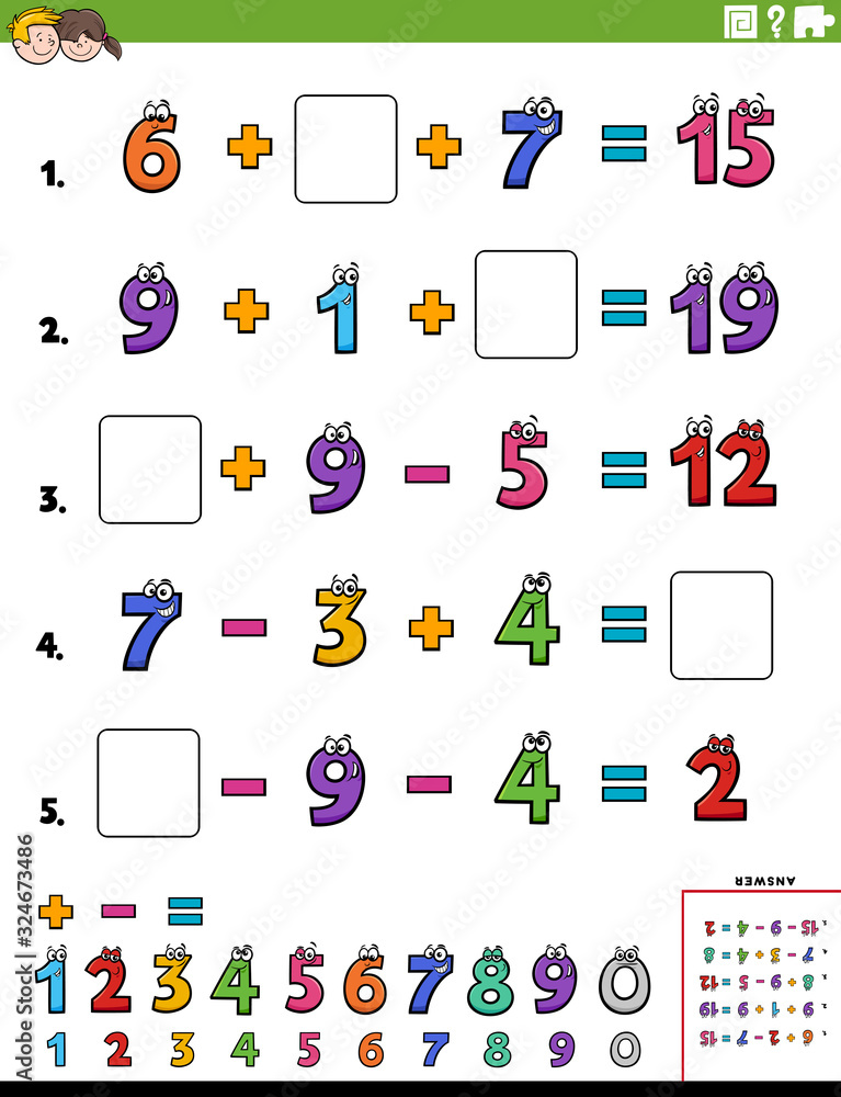 maths calculation educational worksheet page for kids Stock Vector ...