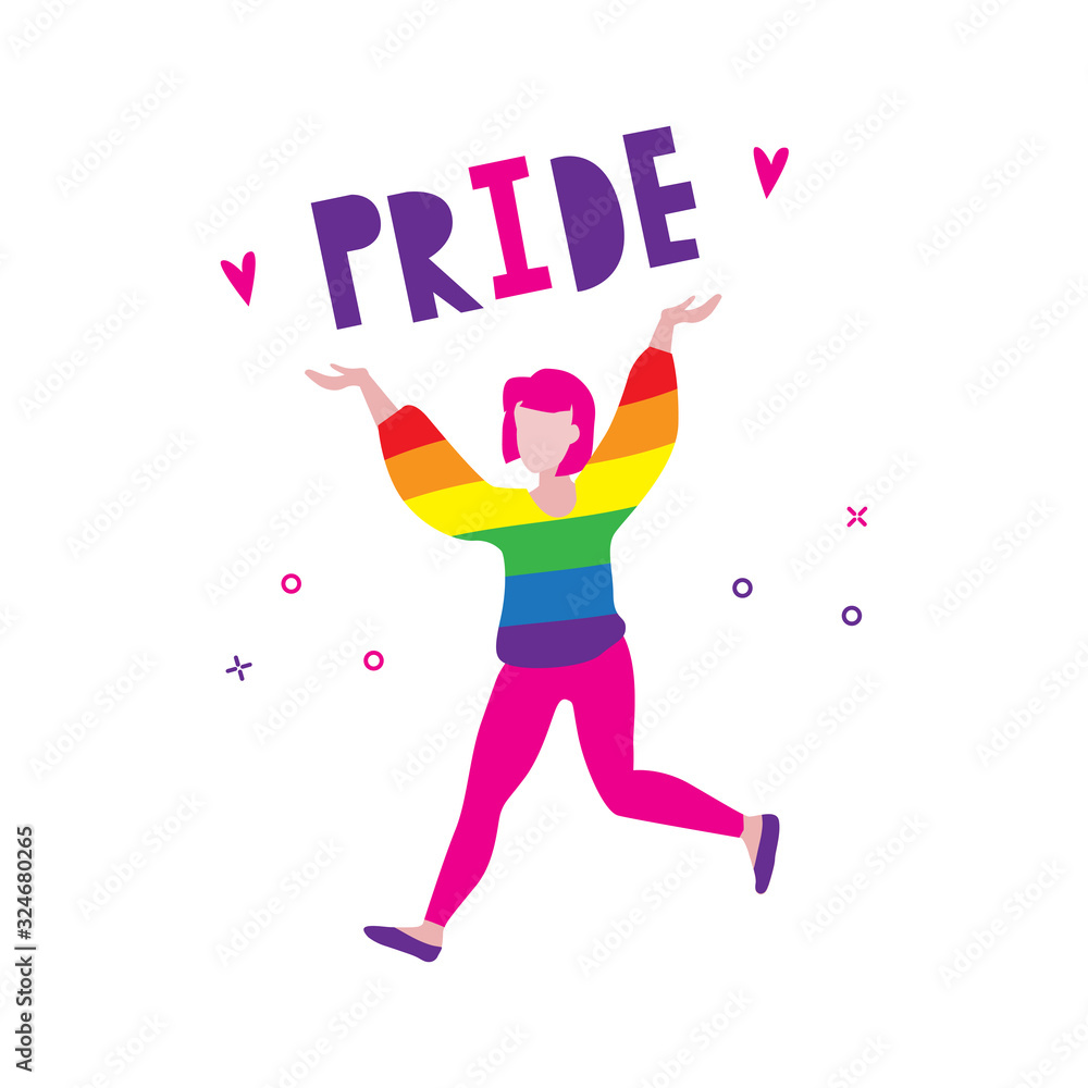 Vector illustration of activist with pink hair running and holding word ...