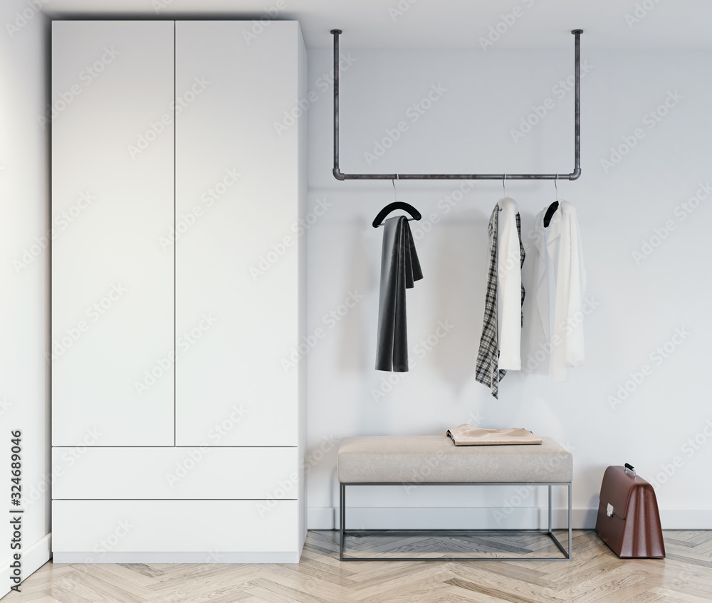 modern white and metal open style wardrobe with women clothes hanging ...
