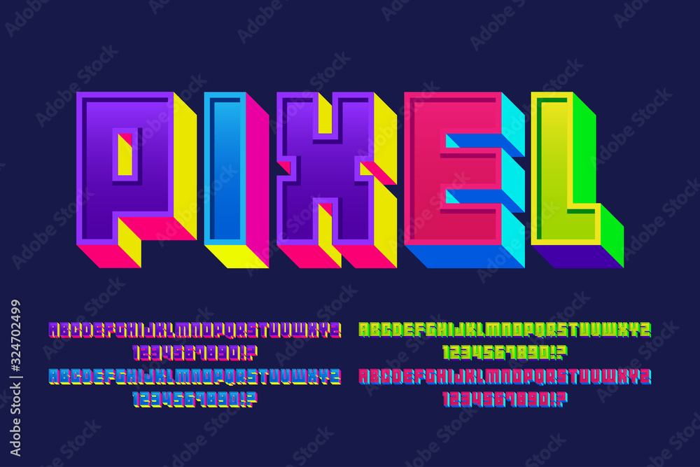 Pixel font alphabets with 4 style effect Stock Vector | Adobe Stock