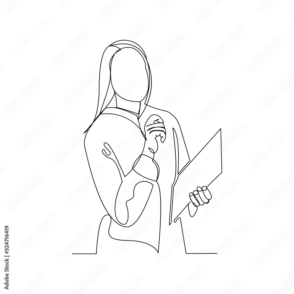 Continuous line drawing of woman doctor holding patient paper document ...