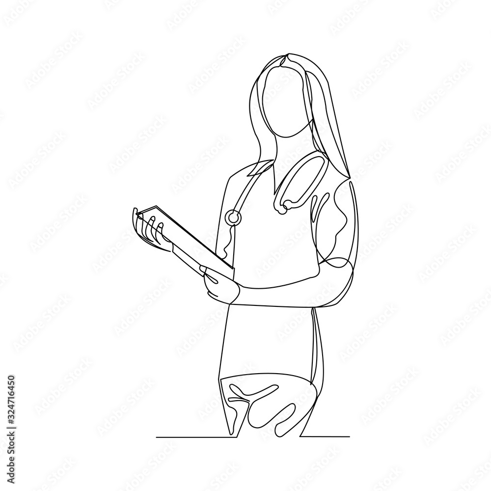Continuous line drawing of woman doctor holding patient paper document ...