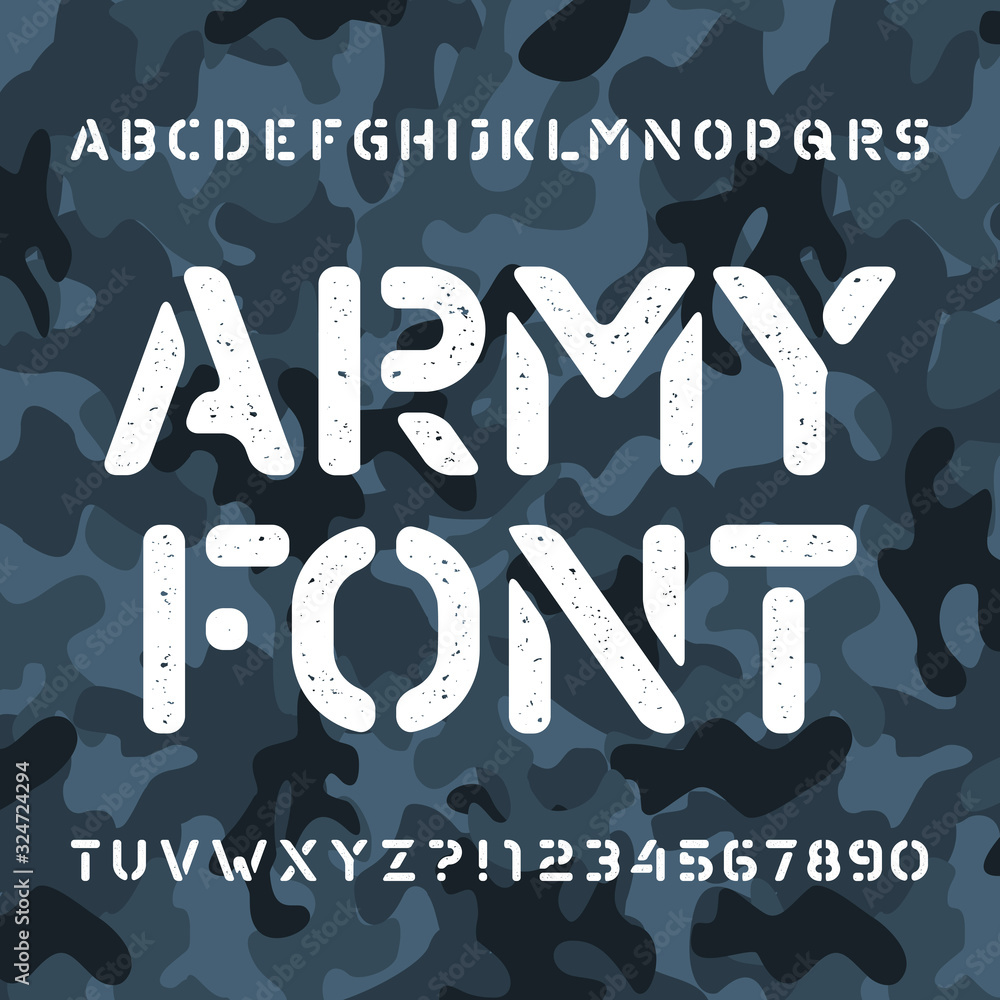 Army alphabet font. Damaged stencil letters and numbers on a camo ...