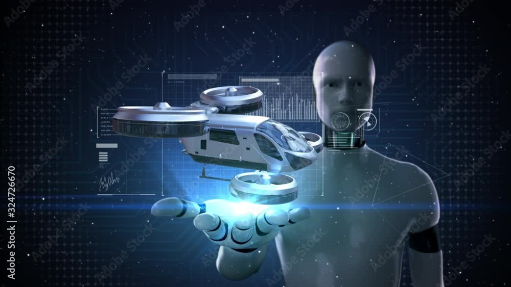 Robot, cyborg opens palm, Autonomous drone taxi, Drone plane. 4k ...