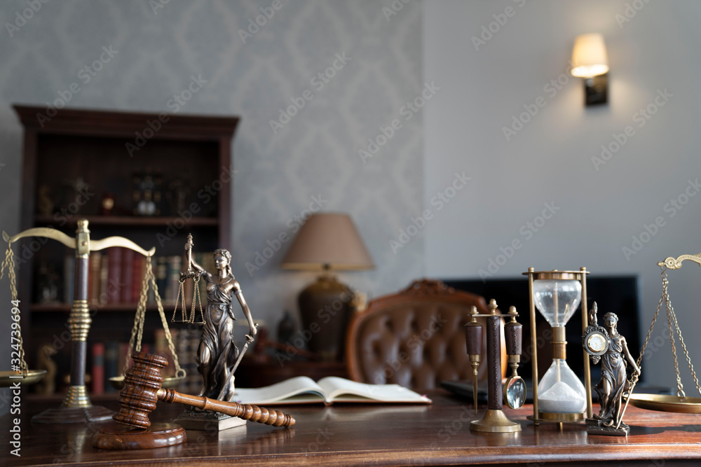 Lawyers office concept. Law symbols composition: gavel, scale and ...