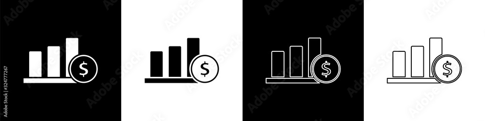 Set Pie chart infographic and dollar symbol icon isolated on black and ...