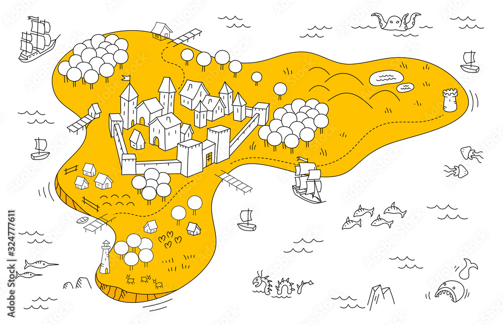 Medieval city adventure island map. City fortress. Fantasy area. Sea ...