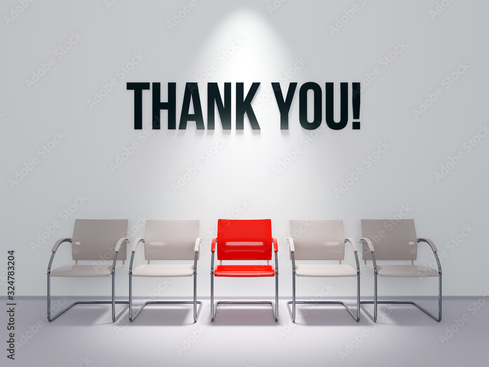 Thank you! Text words message on meeting office wall 3D render Stock ...