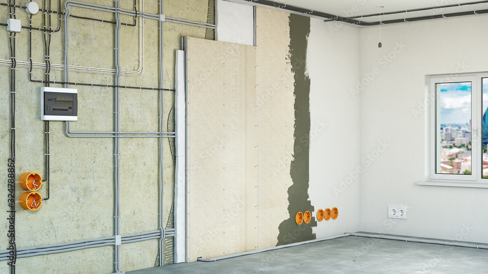 Electrical wiring hidden behind the drywall, 3d illustration Stock ...