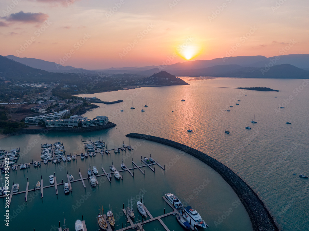Sunset Panoramic marina town aerial. Airlie beach waterfront aerial ...