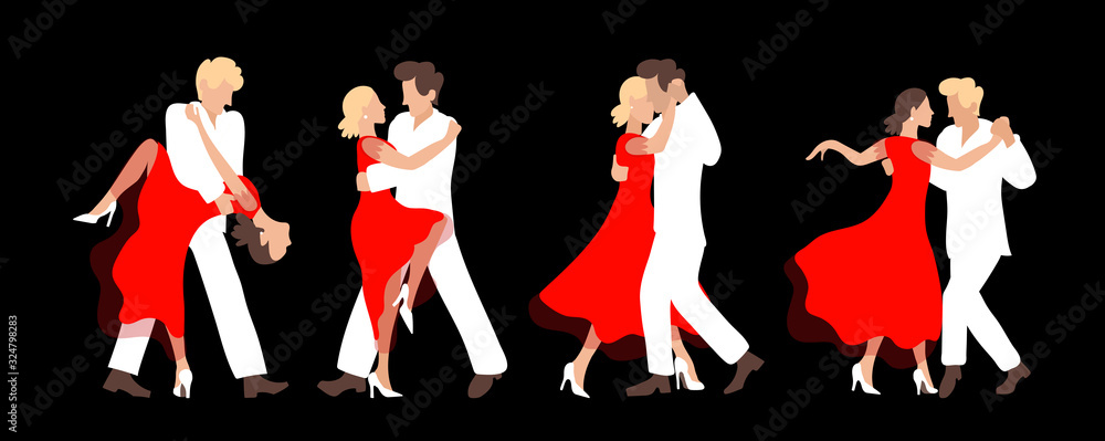 Four passionate couples dancing tango on a dark background.A man in a ...