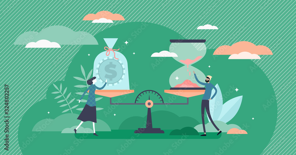 Time and money value concept, flat tiny person vector illustration ...