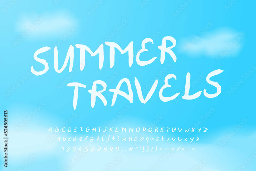 Summer travels. White vector font on blue sky background. Hand drawn ...