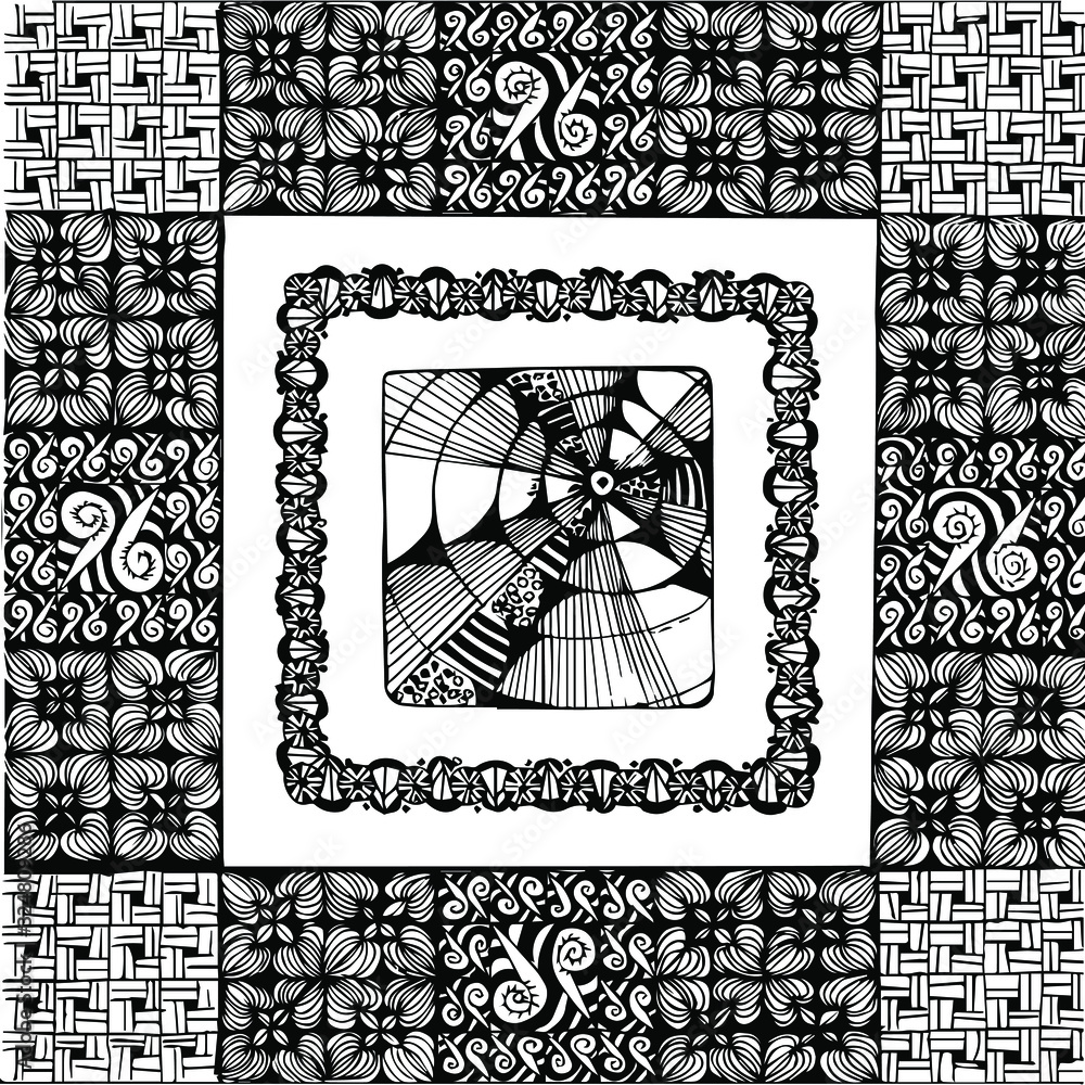 Squares with different patterns inside. Tile with illustrations. Doodle ...