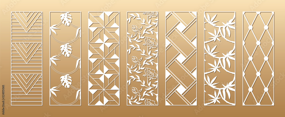 7 Laser cut vector panels (ratio 1:3). Cutout silhouette with flowers ...