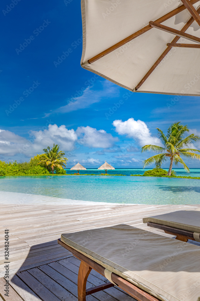 Summer beach vacation pool. Chaise lounge concept, luxury travel ...
