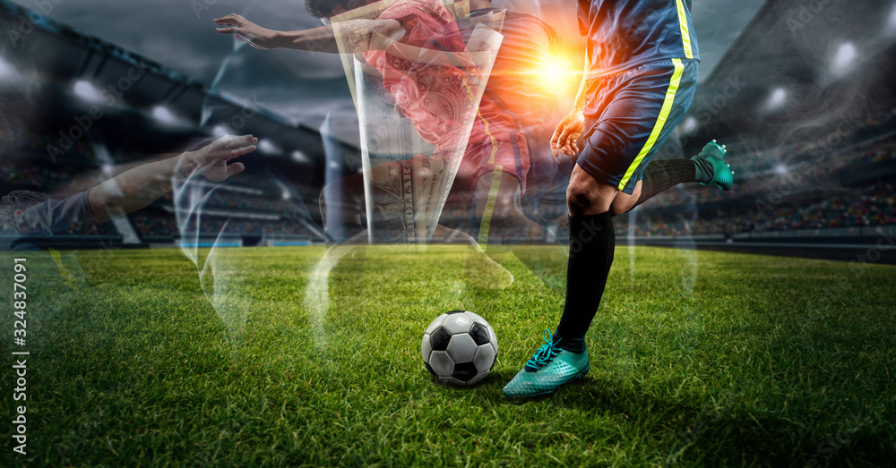 double exposure Soccer player kicks the ball on the soccer field ...