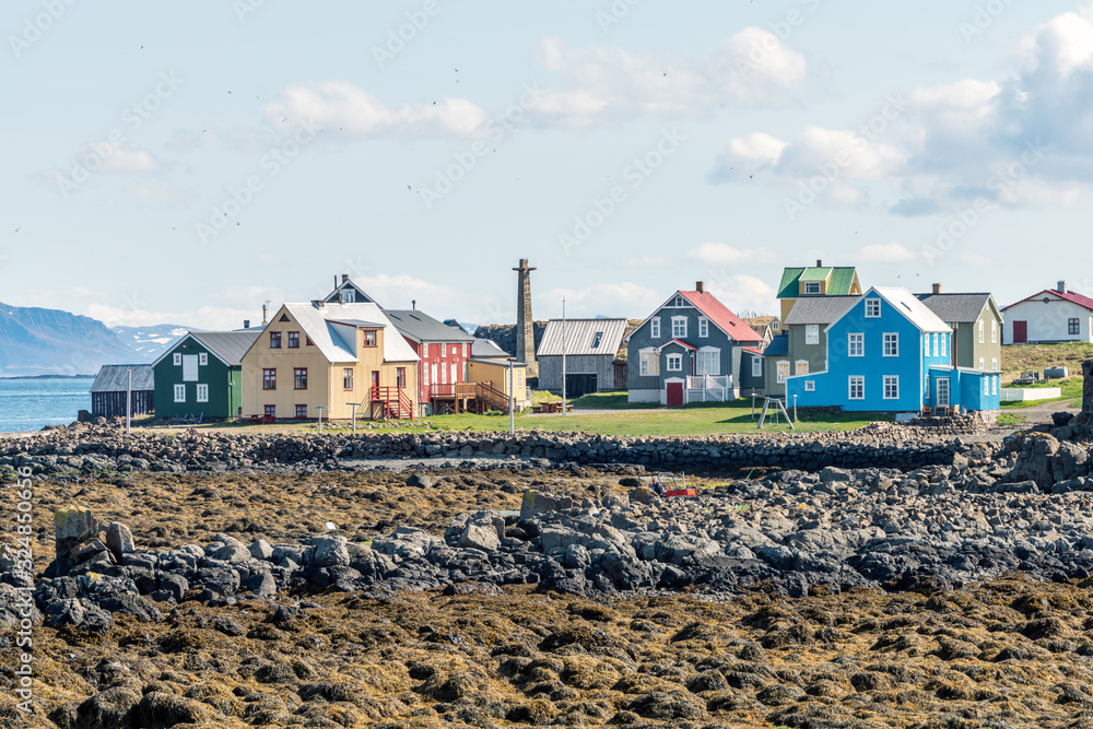 Colorful buildings and the charming city of Flatey Island in Iceland ...