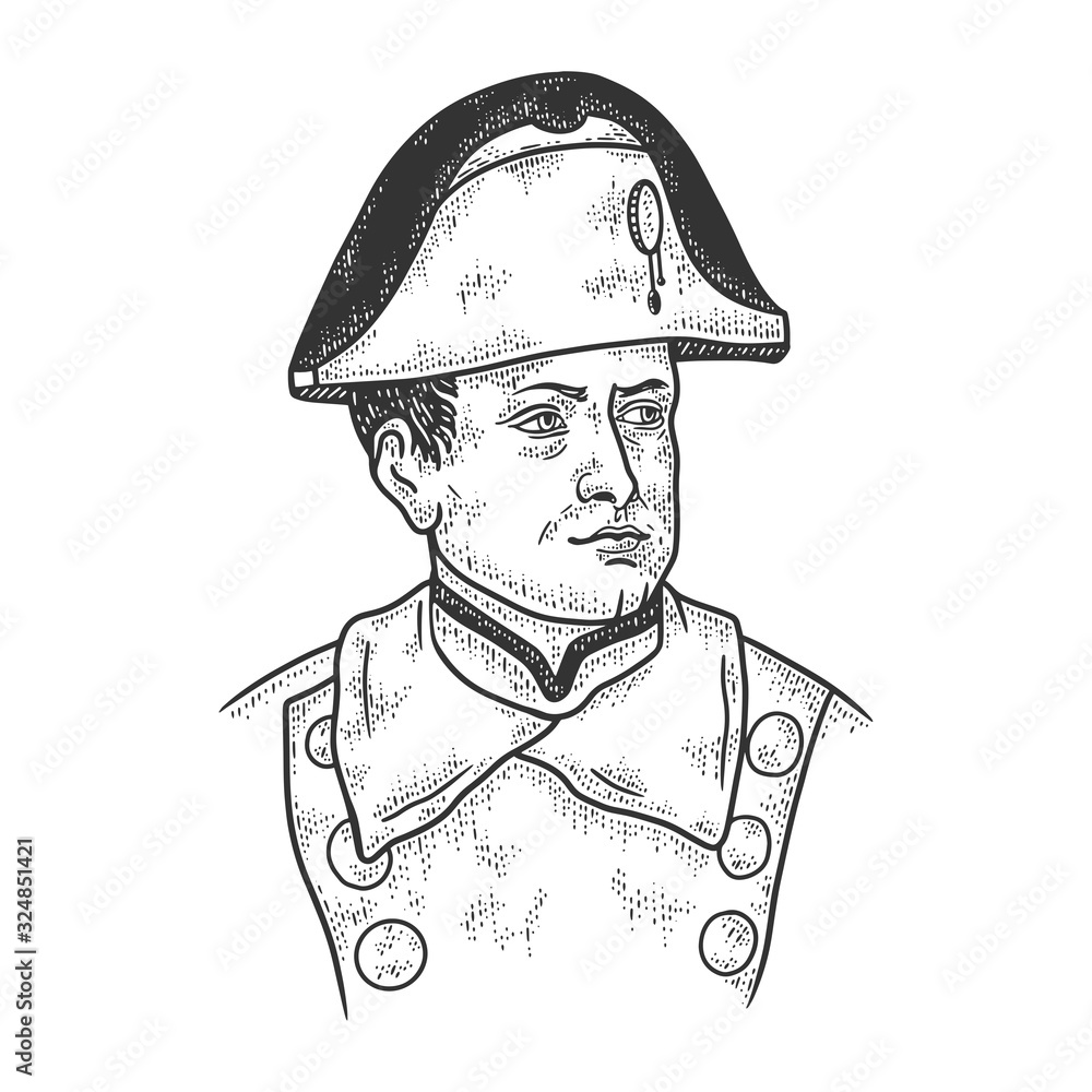 Napoleon Bonaparte portrait sketch engraving vector illustration. T ...