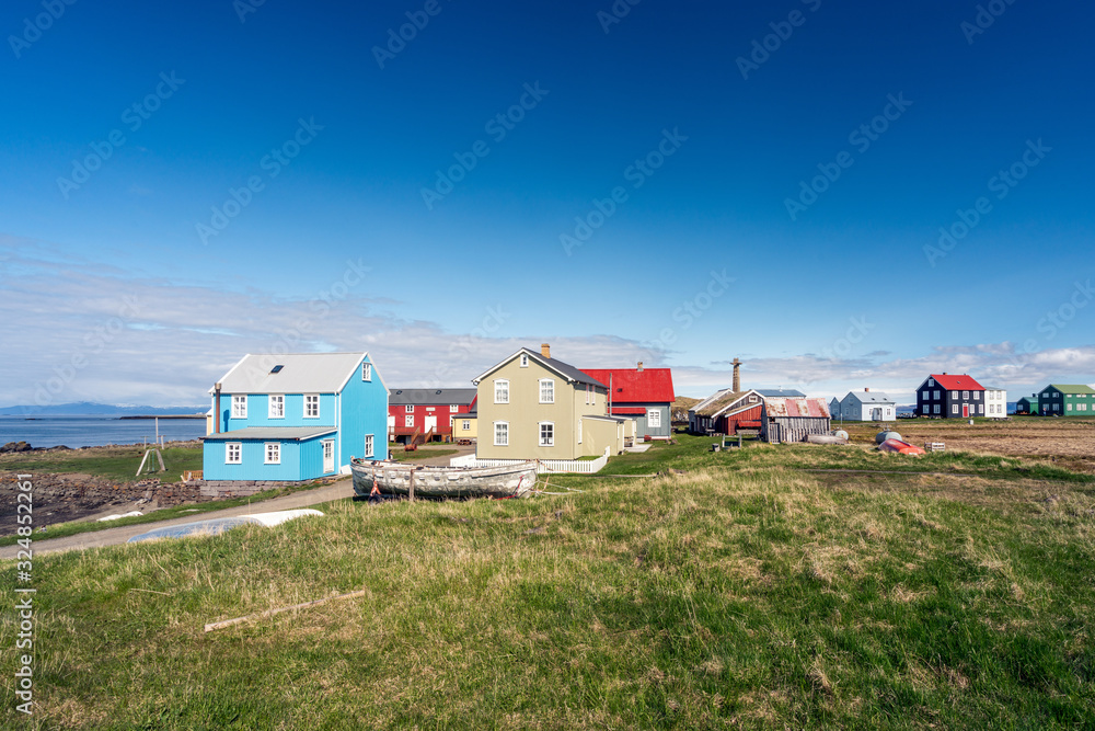 Colorful buildings and the charming city of Flatey Island in Iceland ...