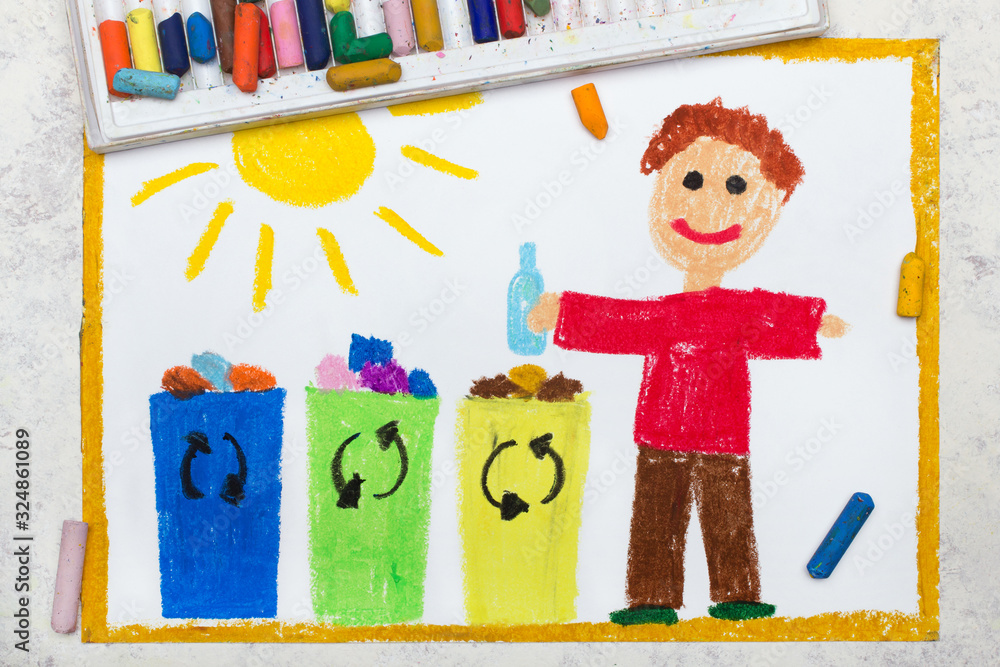 Photo of colorful drawing: Waste separation. Smiling boy segregating ...