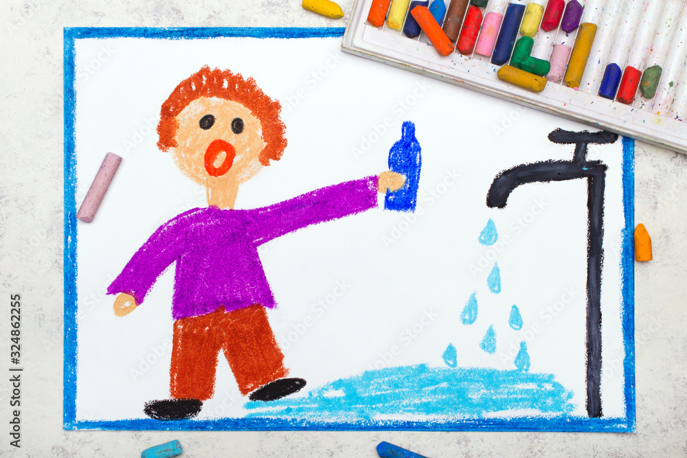 Save water concept. Boy turned on the tap and a lot of water flowing ...