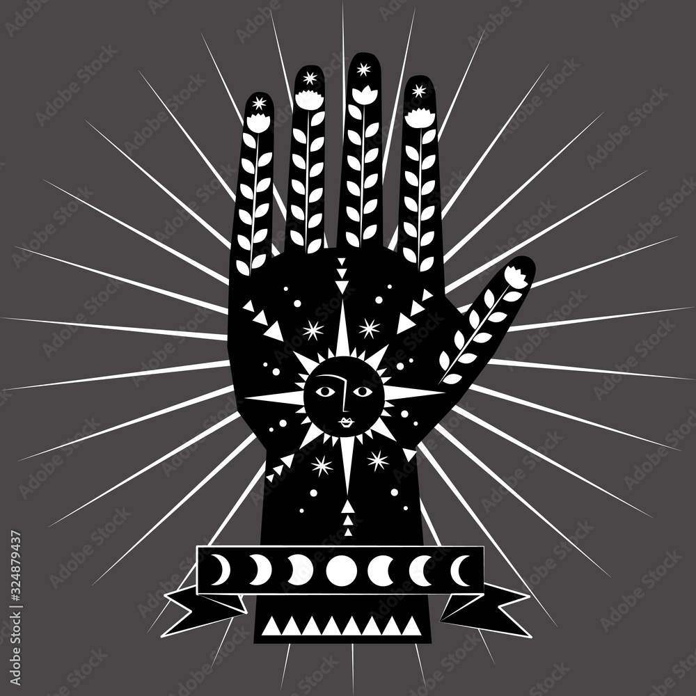 Chiromancy and good luck charms. Palmistry graphic design, sun and moon ...