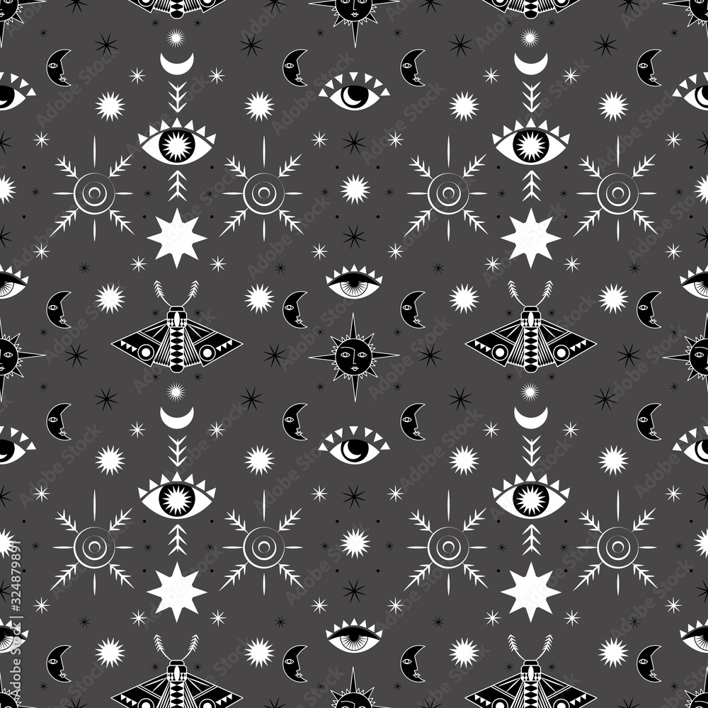 Vector black and white occult witch and magic repeat seamless pattern ...