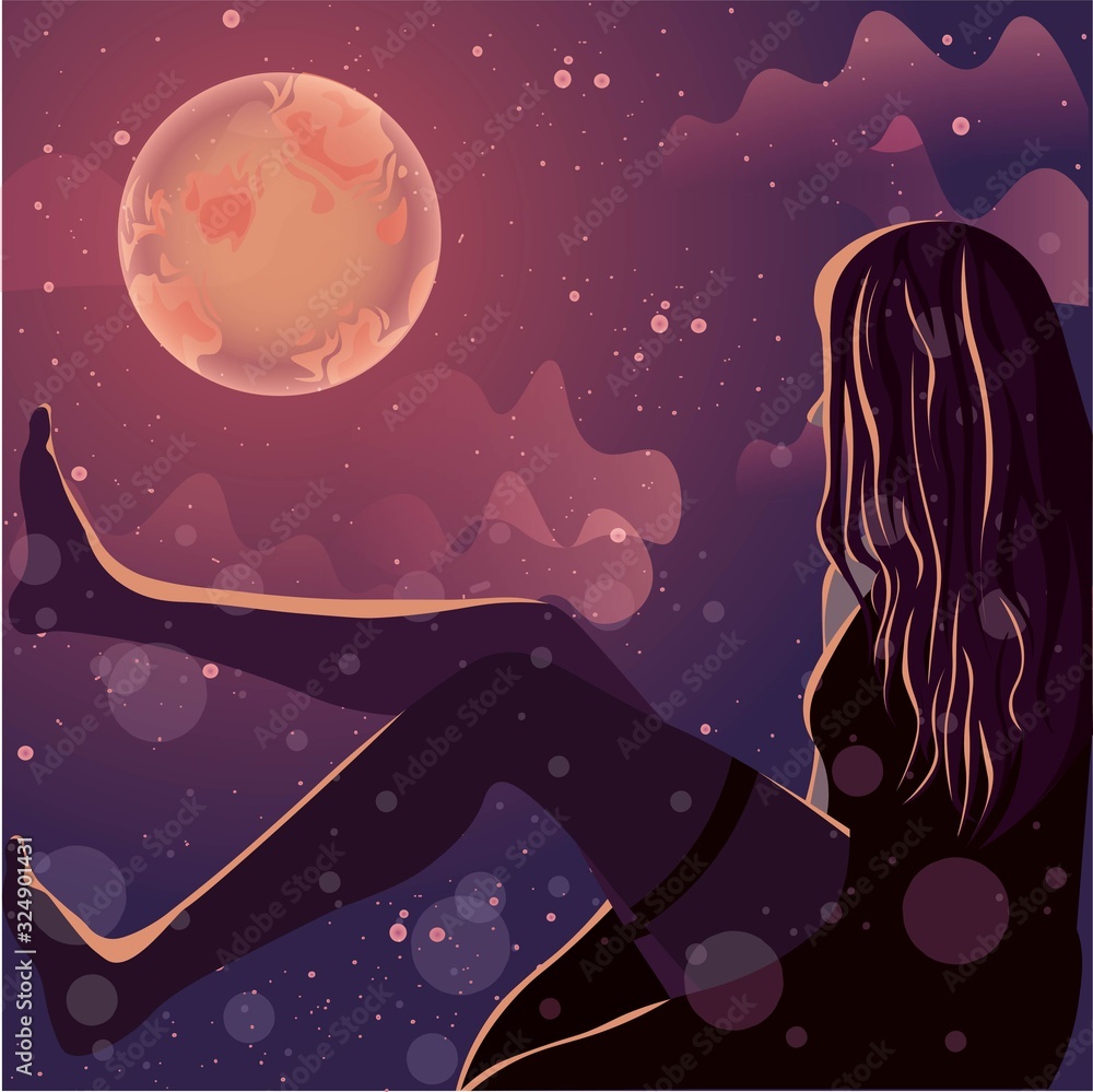 Female silhouette glowing under the moonlight. Fantasy landscape of the ...