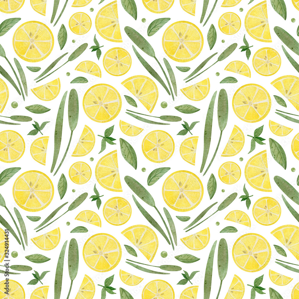 Seamless watercolor pattern with cut lemon and mint. Background with fresh fruits for menu ...