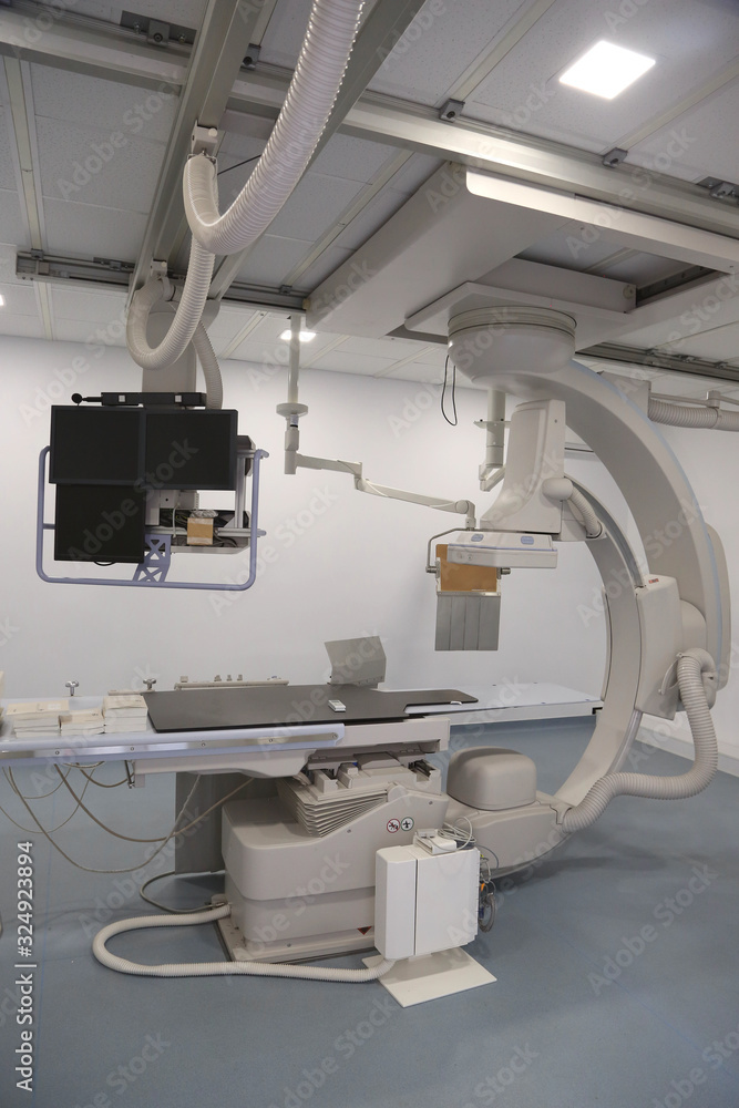 Angio lab in a hospital with diagnostic imaging equipment used to ...