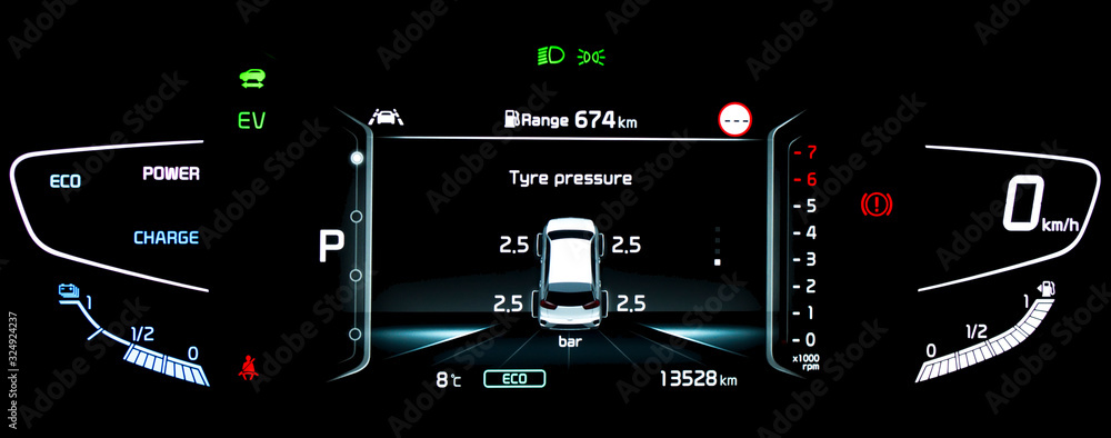 TPMS (Tire Pressure Monitoring System) monitoring display on car ...