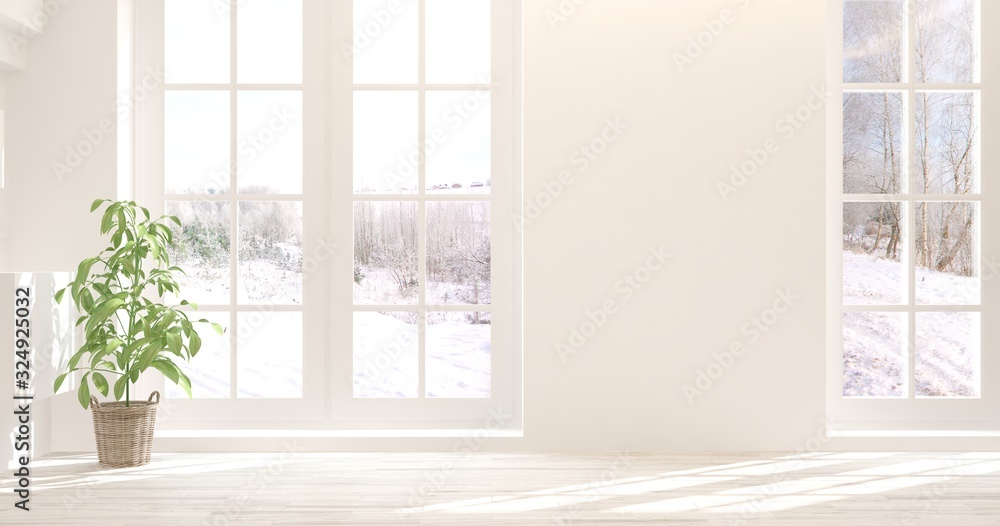 Mock up of empty room in white color with winter landscape in window ...