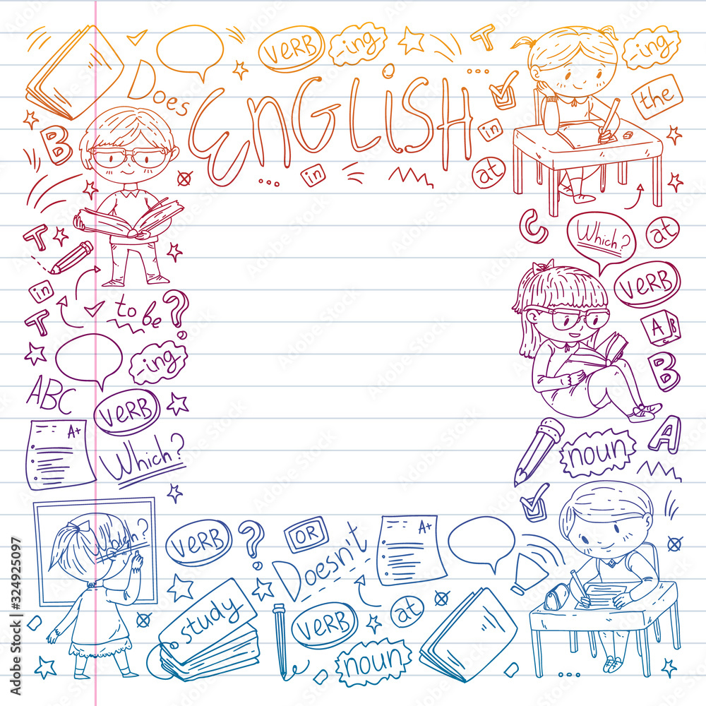 English school for children. Learn language. Education vector illustration. Kids drawing doodle ...