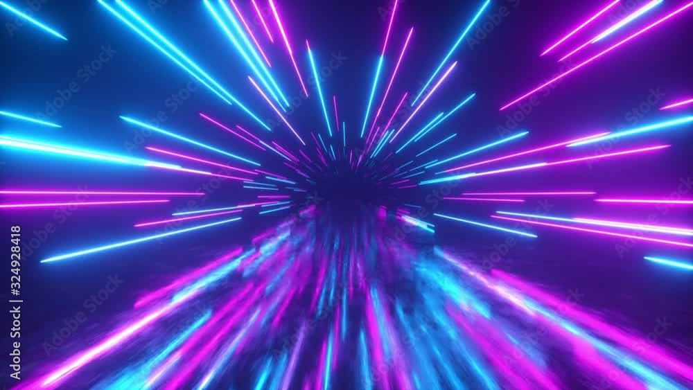 Flying in space with luminous neon lines. Hyperspace. Modern ...
