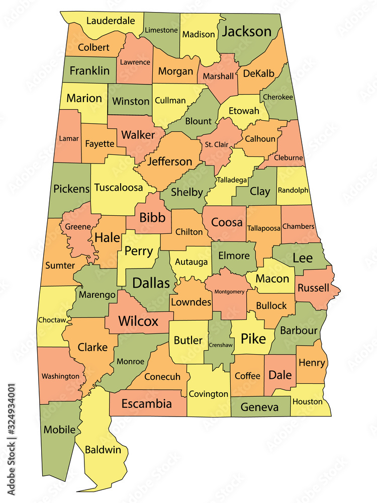 Colorful County Map With Counties Names of the US Federal State of ...
