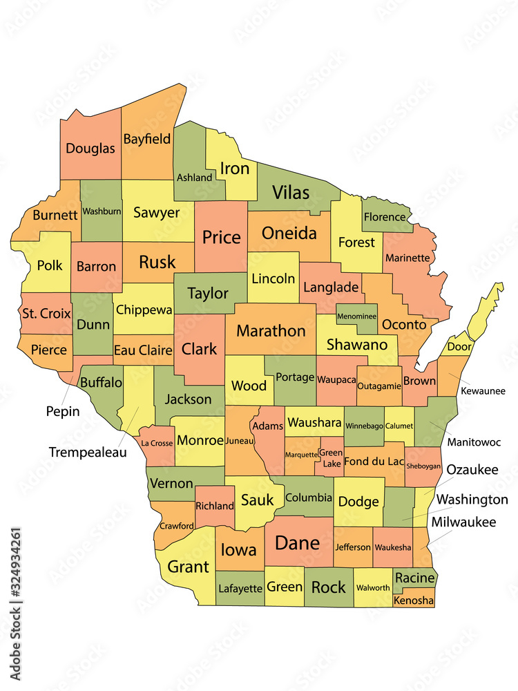 Colorful County Map With Counties Names of the US Federal State of ...