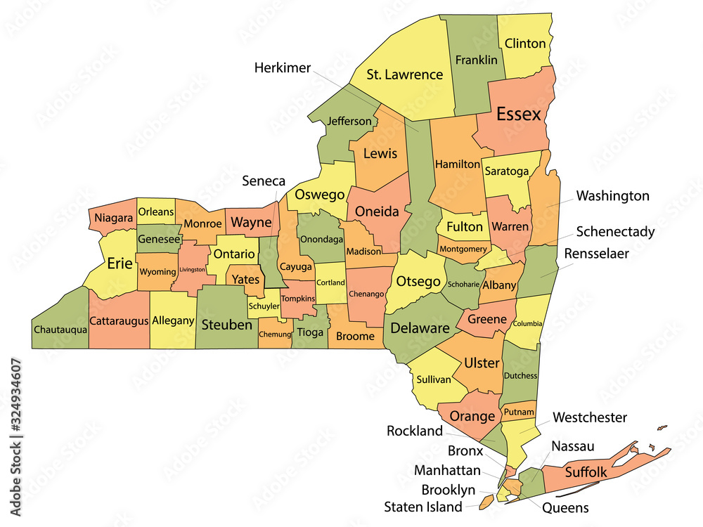 Colorful County Map With Counties Names of the US Federal State of New ...