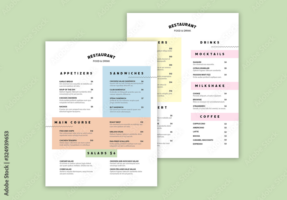 Menu Layout Set with Pastel Colorblock Elements Stock Template | Adobe ...