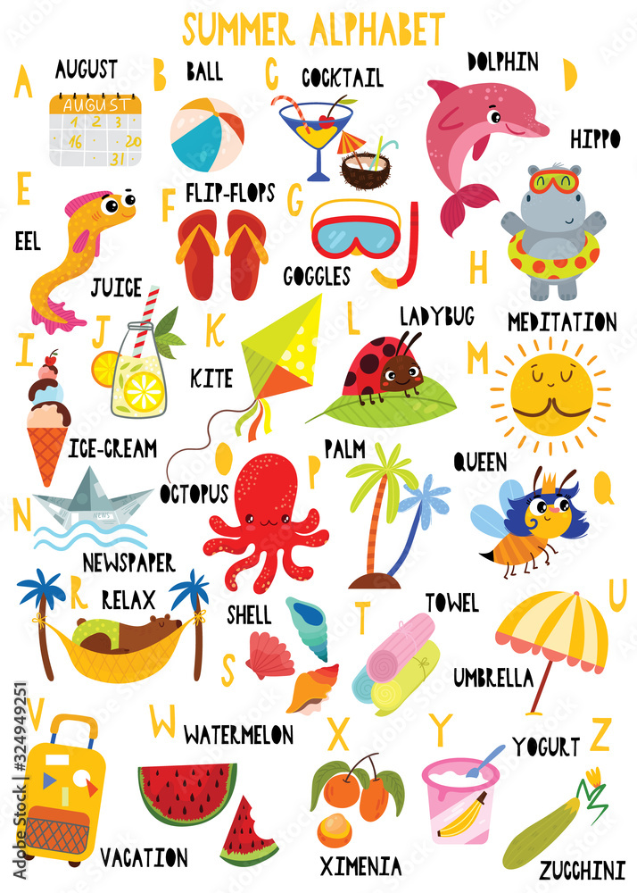 Stylish summer alphabet in vector. Lovely animals and items. Best abc ...