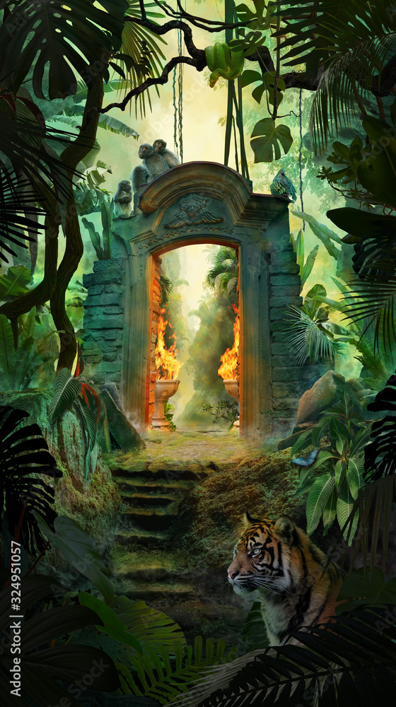 Beautiful dreamy tropical landscape with ancient gate, jungle with ...