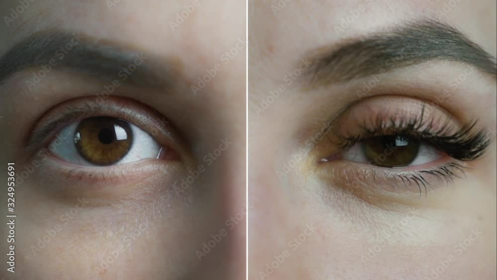 Eyelash Extension. Comparison of female eyes before and after. split ...