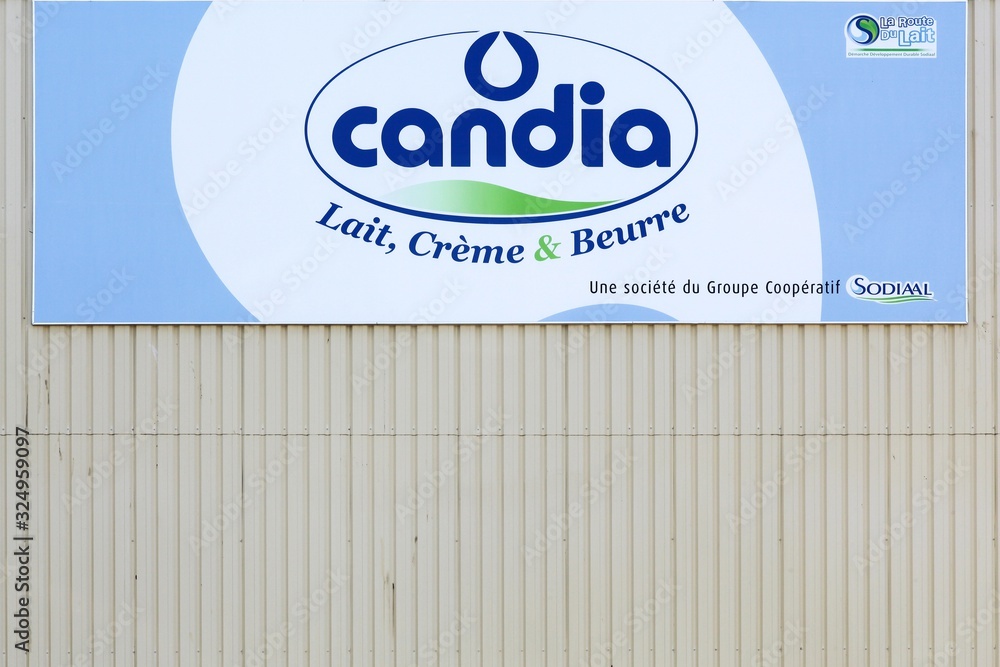 Clermont, France - June 23, 2016: Candia logo on a wall. Candia is a French dairy brand founded ...
