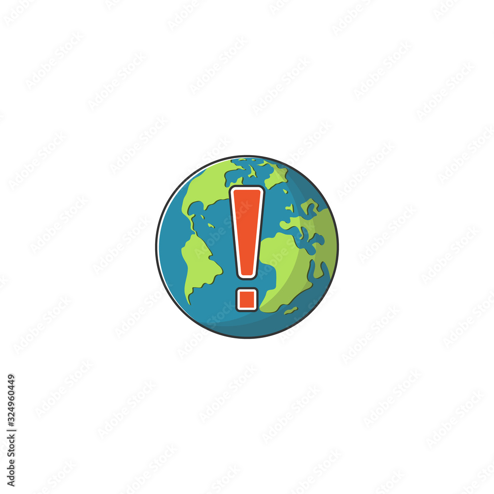 Vector icon with globe. Planet Earth with exclamation mark. Flat ...