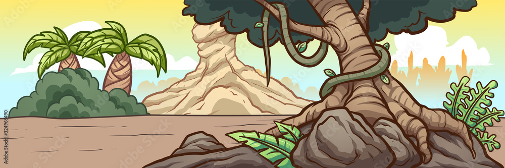 Prehistoric forest afternoon background landscape illustration. Vector ...