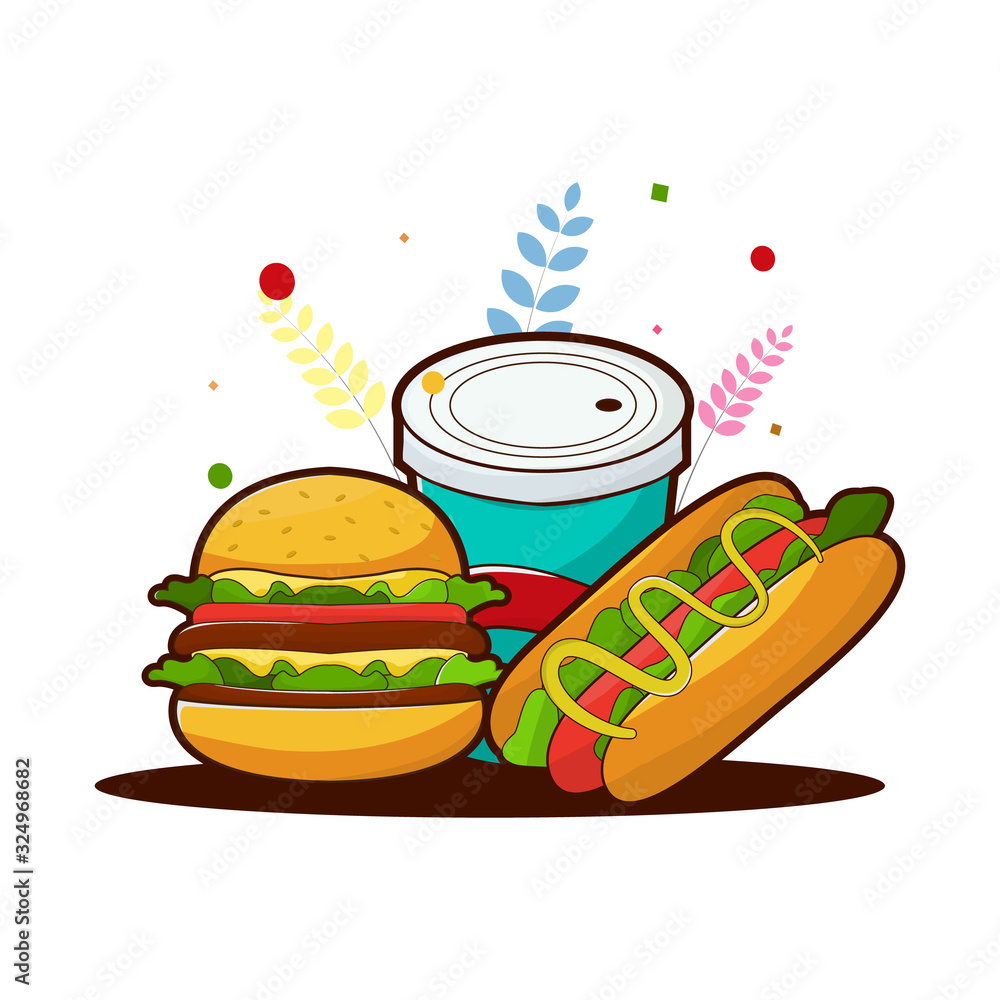 Fast food cartoon style illustration concept with burger, hot dog and ...