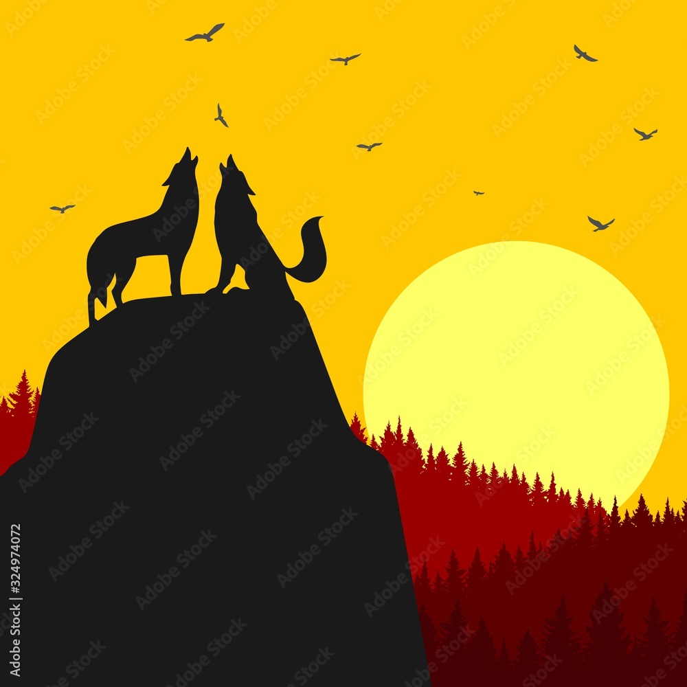 Vector illustration of a howling wolf standing on the hill with a ...