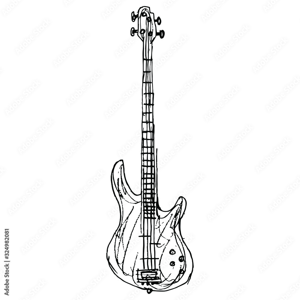 Electric bass guitar. Isolated vector illustration. Hand drawn linear ...